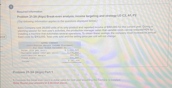Solved Required information Problem 21-3A (Algo) Break-even | Chegg.com