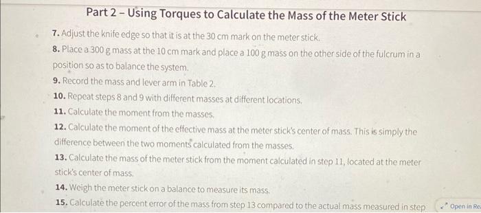 Part 2 - Using Torques to Calculate the Mass of the | Chegg.com