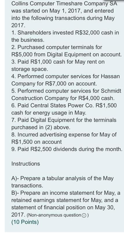 Solved Collins Computer Timeshare Company SA was started on | Chegg.com