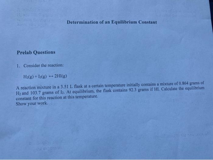 Solved Determination of an Equilibrium Constant Prelab | Chegg.com