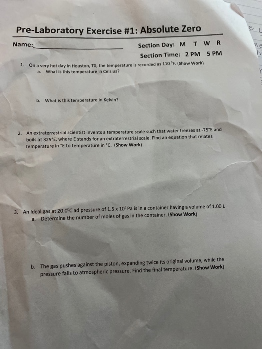 Solved Pre-Laboratory Exercise #1: Absolute Zero Name: | Chegg.com