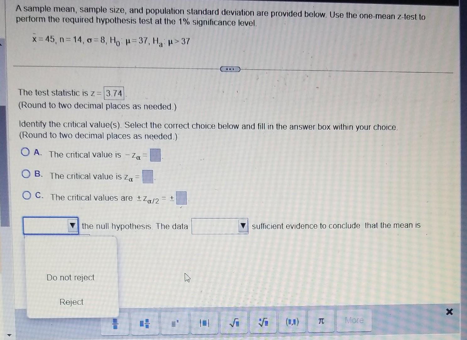 Solved A sample mean, sample size, and population standard | Chegg.com