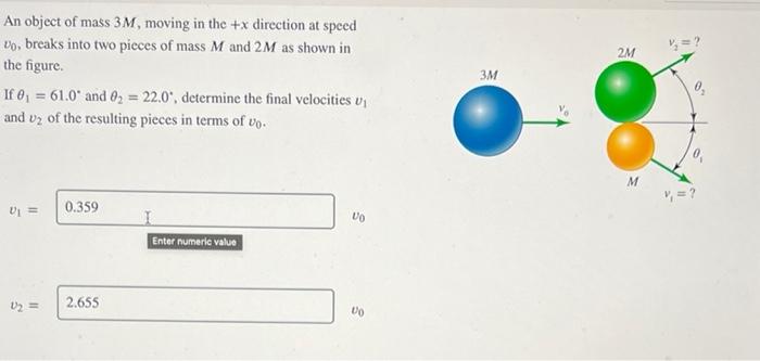 Solved 2M An object of mass 3M, moving in the +x direction | Chegg.com
