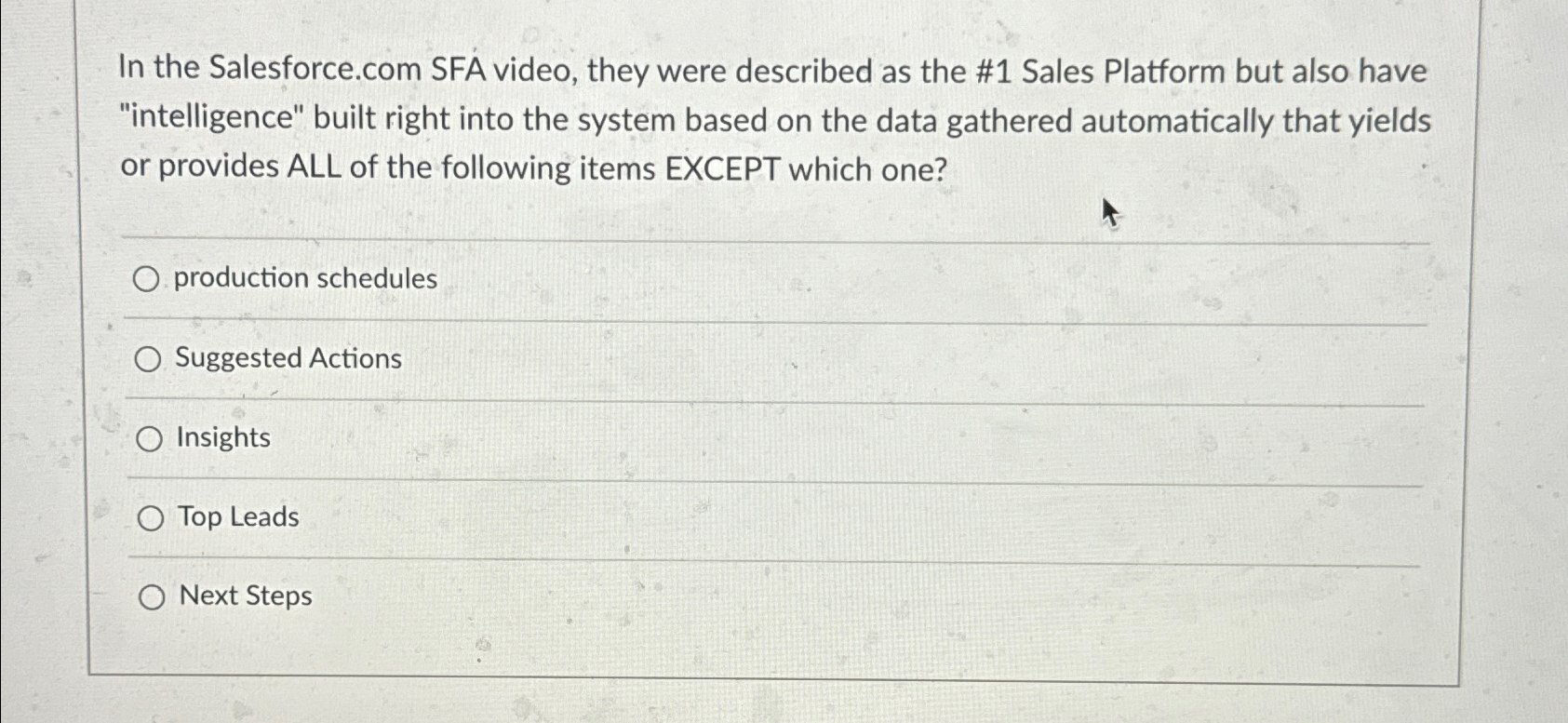 Solved In the Salesforce.com SFA video, they were described | Chegg.com