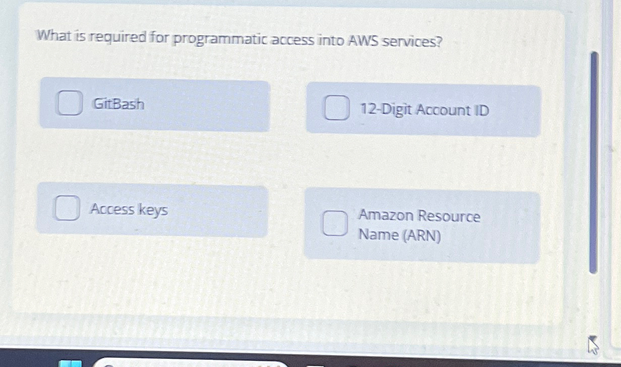 Solved What is required for programmatic access into AWS | Chegg.com