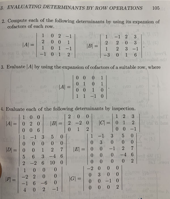 Solved 3. EVALUATING DETERMINANTS BY ROW OPERATIONS 105 2. | Chegg.com
