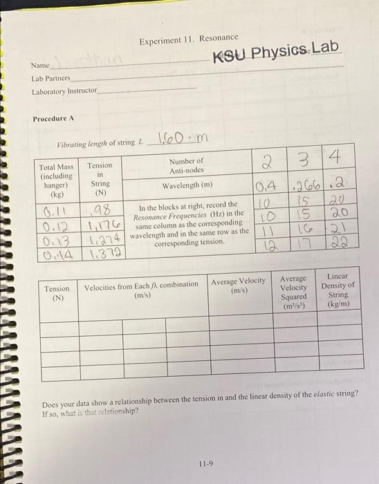 hom Experiment 11. Resonance KSU Physics Lab Name Lab | Chegg.com