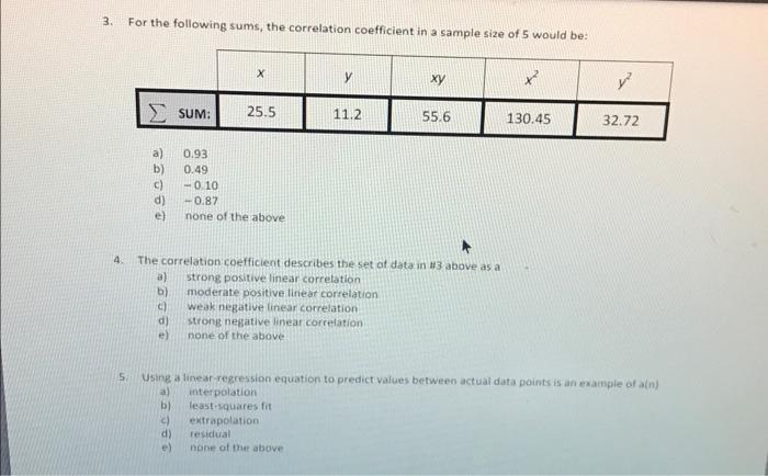 Solved 3. 4. 5. For the following sums, the correlation | Chegg.com