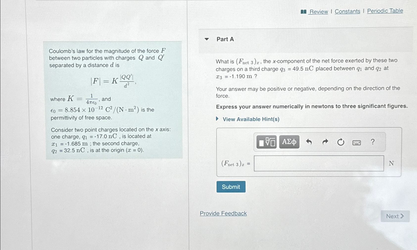 Solved Review I Constants I Periodic TablePart ACoulomb's | Chegg.com