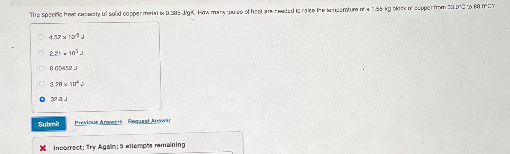 Solved The specific heat capacity of solid copper metal is | Chegg.com