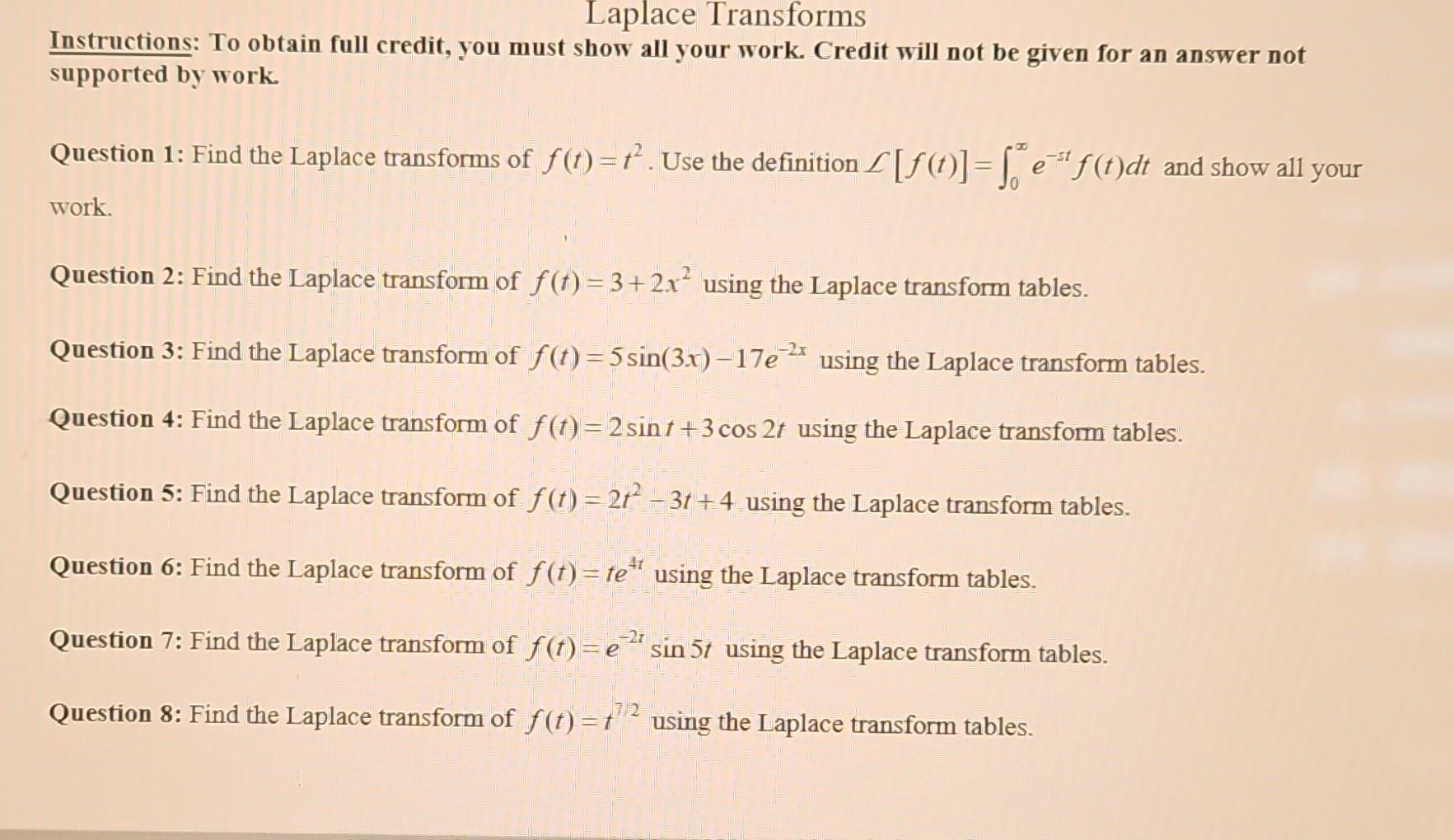 Solved Laplace Transforms Instructions: To obtain full | Chegg.com
