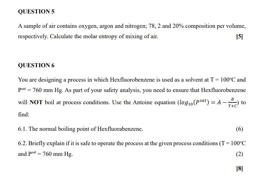 Solved QUESTION 5 A sample of air contains oxygen, argon and | Chegg.com