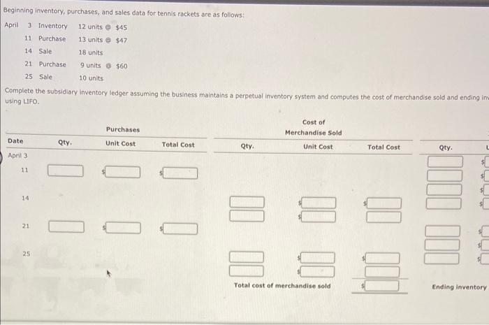 Solved Complete the subsidiary inventory ledger assuming the | Chegg.com