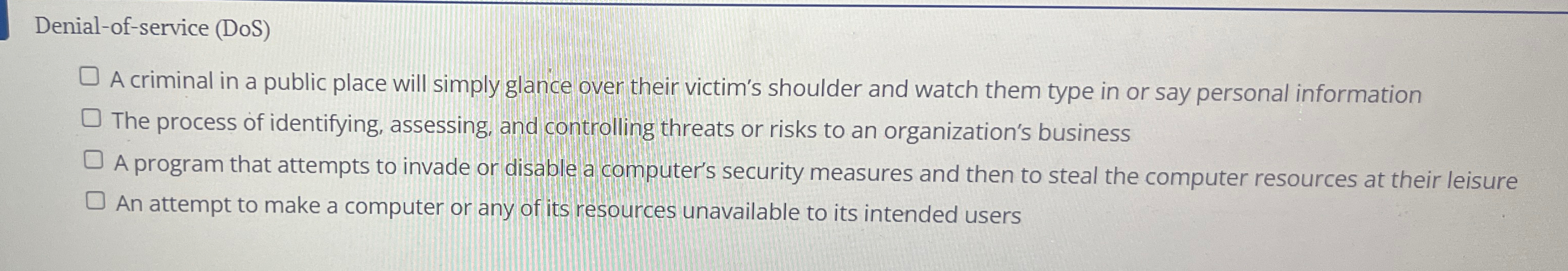 Solved Denial-of-service (DoS)A criminal in a public place | Chegg.com