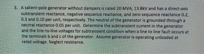 Solved 3. A salient-pole generator without dampers is rated | Chegg.com