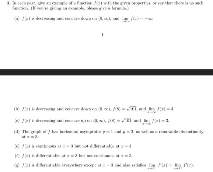 Solved 3. In each part, give an example of a function f(x) | Chegg.com