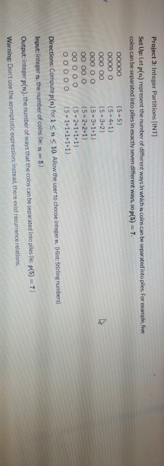 Solved Project 3: Integer Partitions [INT] Set Up: Let pin) | Chegg.com