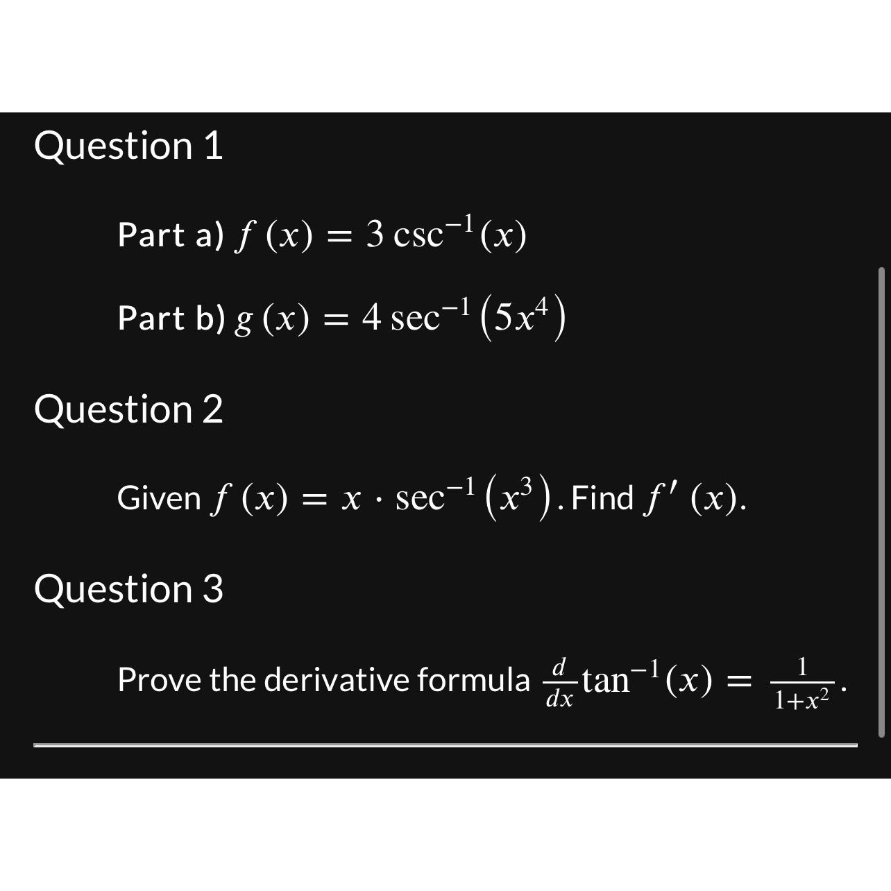 Question 1Part a) f(x)=3csc-1(x)Part | Chegg.com