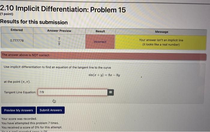 Solved 2.10 Implicit Differentiation: Problem 15 (1 point) | Chegg.com