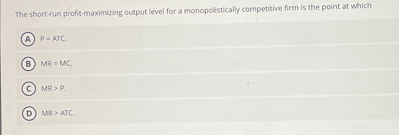 Solved The short-run profit-maximizing output level for a | Chegg.com