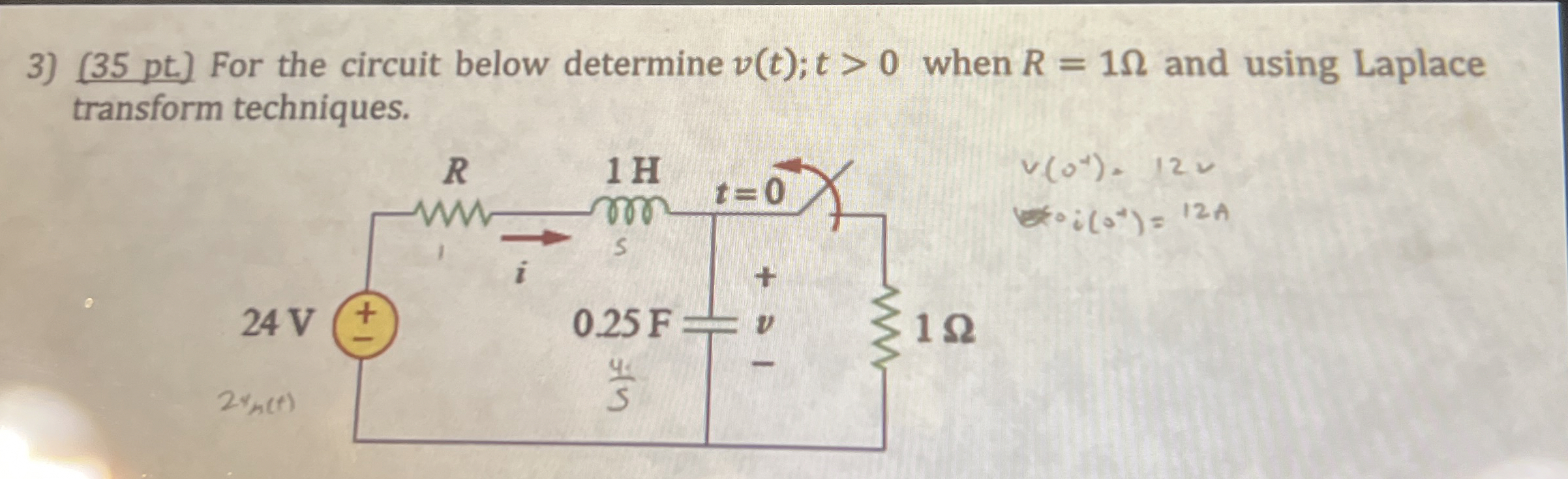 Solved (35 ﻿pt) ﻿For the circuit below determine v(t);t>0 | Chegg.com