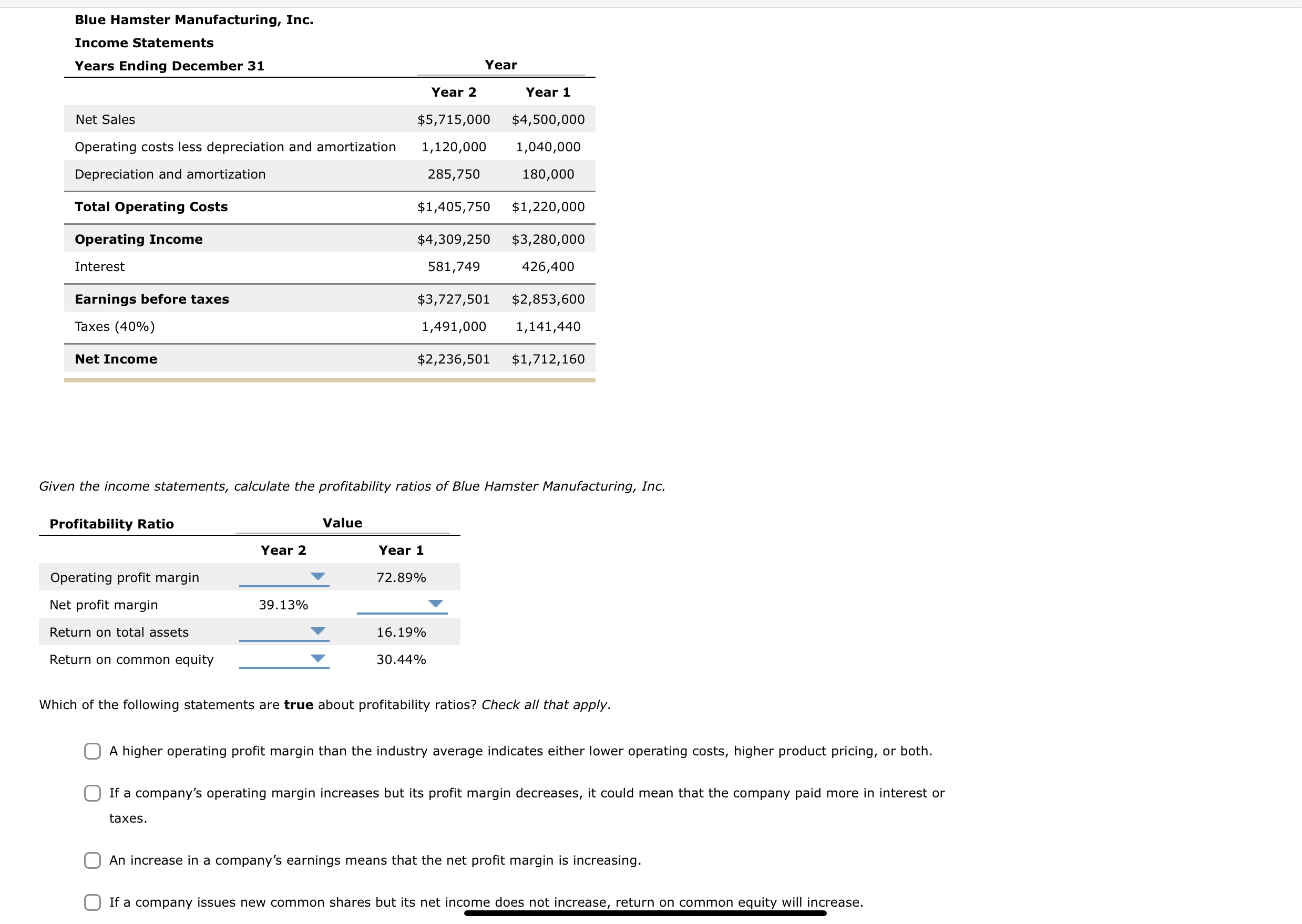 Solved Given the income statements, calculate the | Chegg.com