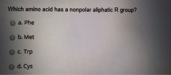Solved Which amino acid has a nonpolar aliphatic R group? a. | Chegg.com