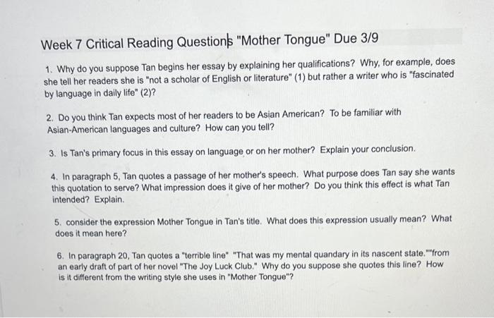 Week 7 Critical Reading Questions "Mother Tongue" Due | Chegg.com