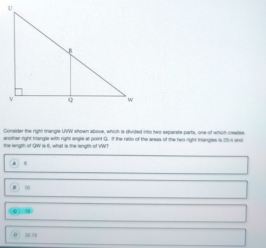 Solved Consider the right triangle UVW shown above, which is | Chegg.com
