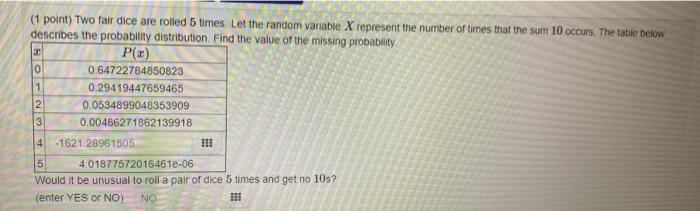 Solved NO (1 point) Two fair dice are rolled 5 times Let the | Chegg.com