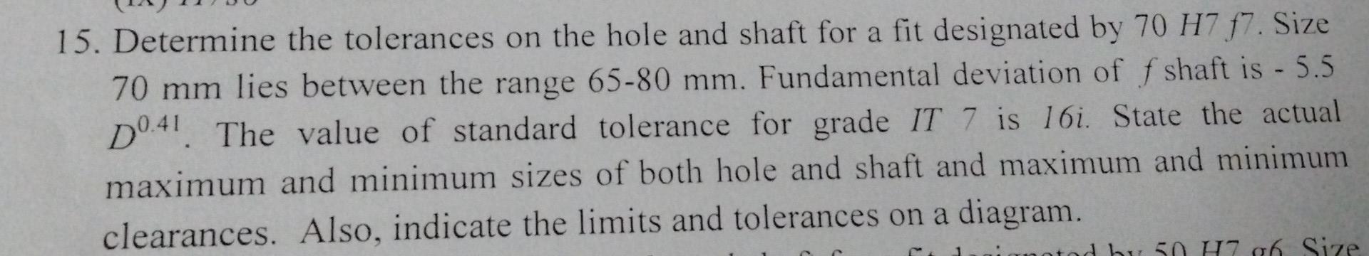 Solved 15. Determine the tolerances on the hole and shaft | Chegg.com