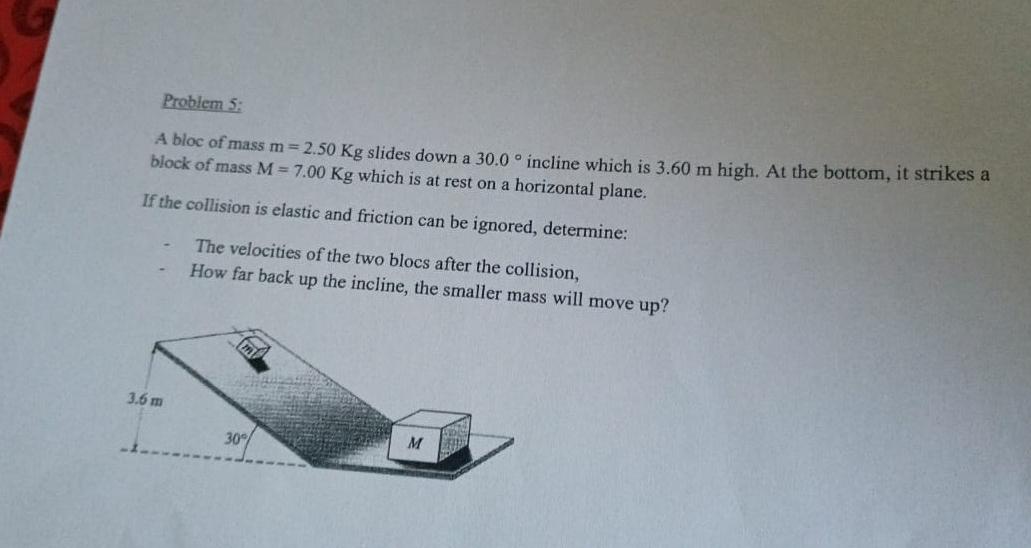 Solved Prablem 5 : A bloc of mass m=2.50Kg slides down a | Chegg.com