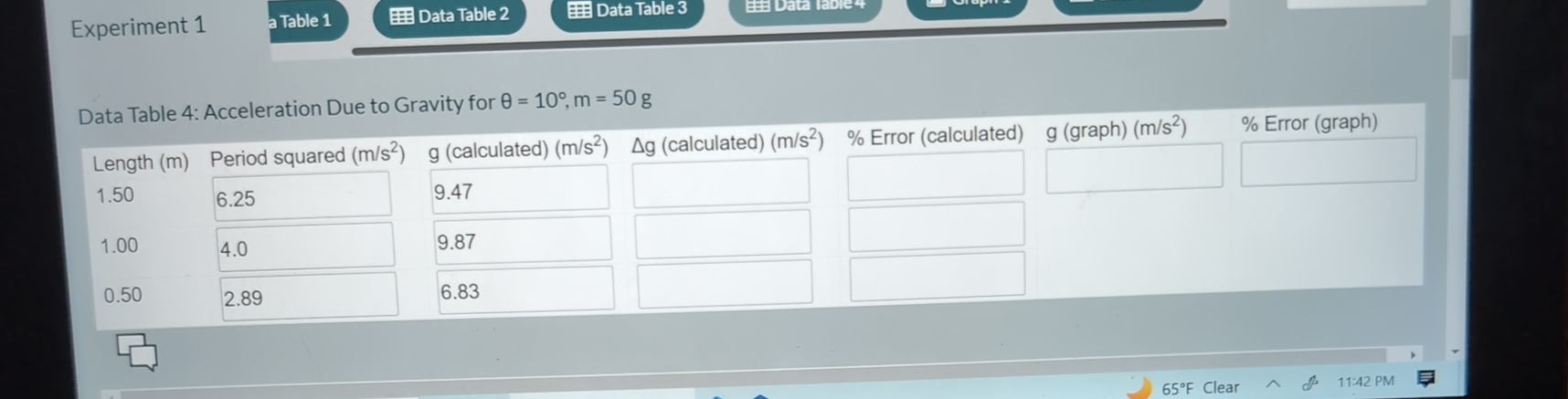 Solved Experiment 1Data Table 4: Acceleration Due to Gravity | Chegg.com