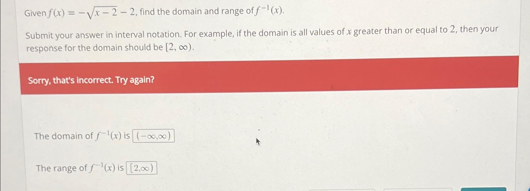 Solved Given f(x)=-x-22-2, ﻿find the domain and range of | Chegg.com
