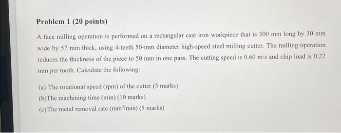 Solved Problem 1 ( 20 points) A face milling operation is | Chegg.com