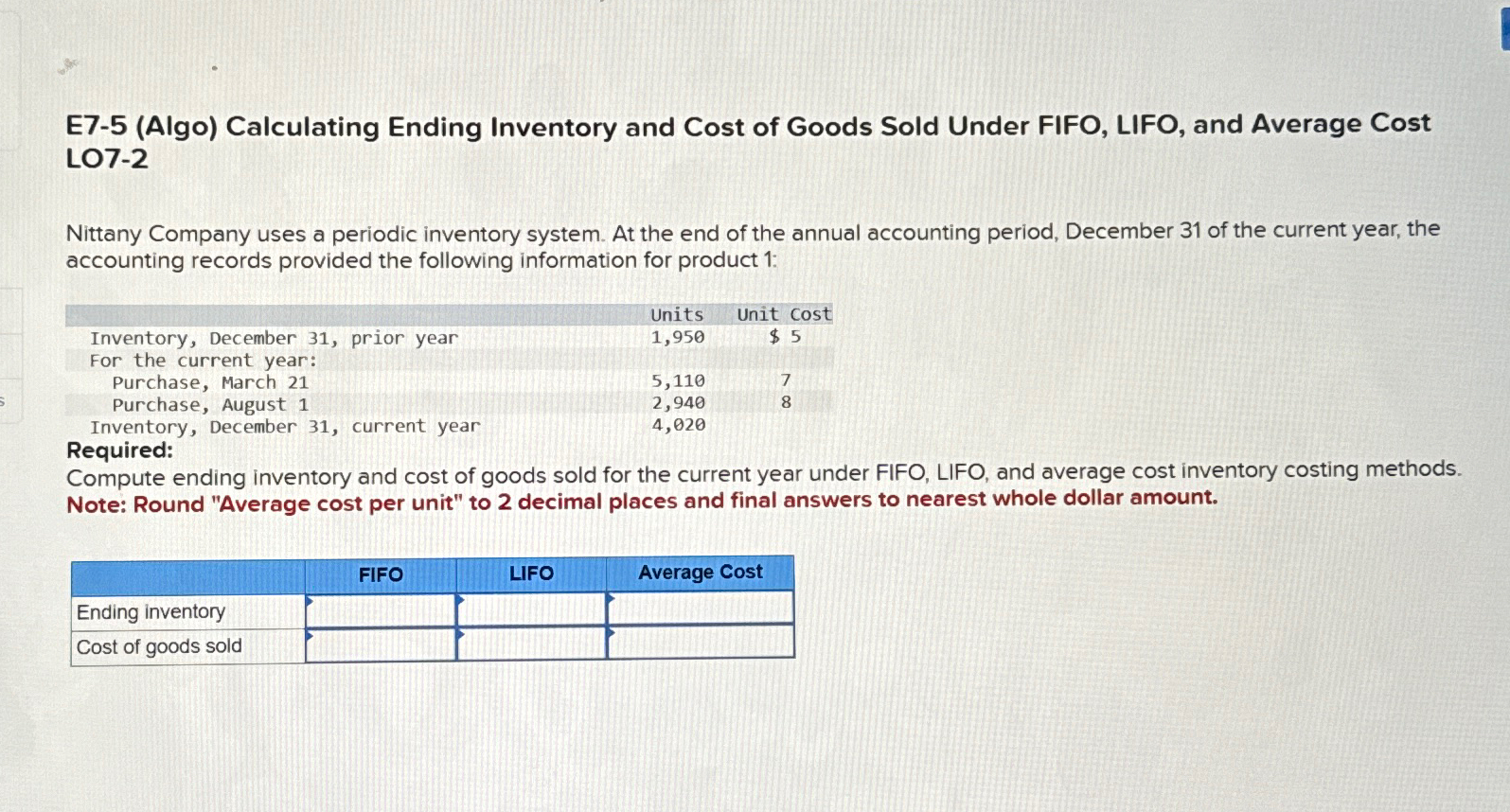 Solved E7-5 (Algo) ﻿Calculating Ending Inventory and Cost of | Chegg.com