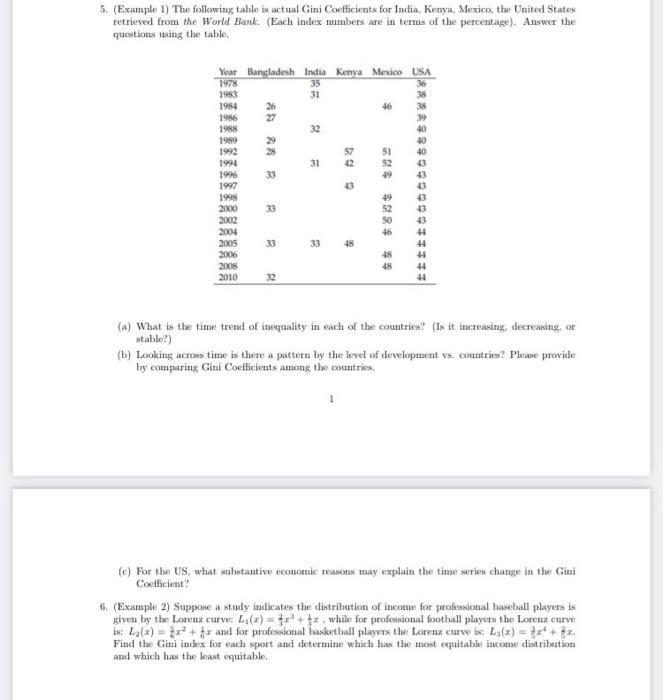 Solved 5. (Example 1) The following table is actual Gini | Chegg.com