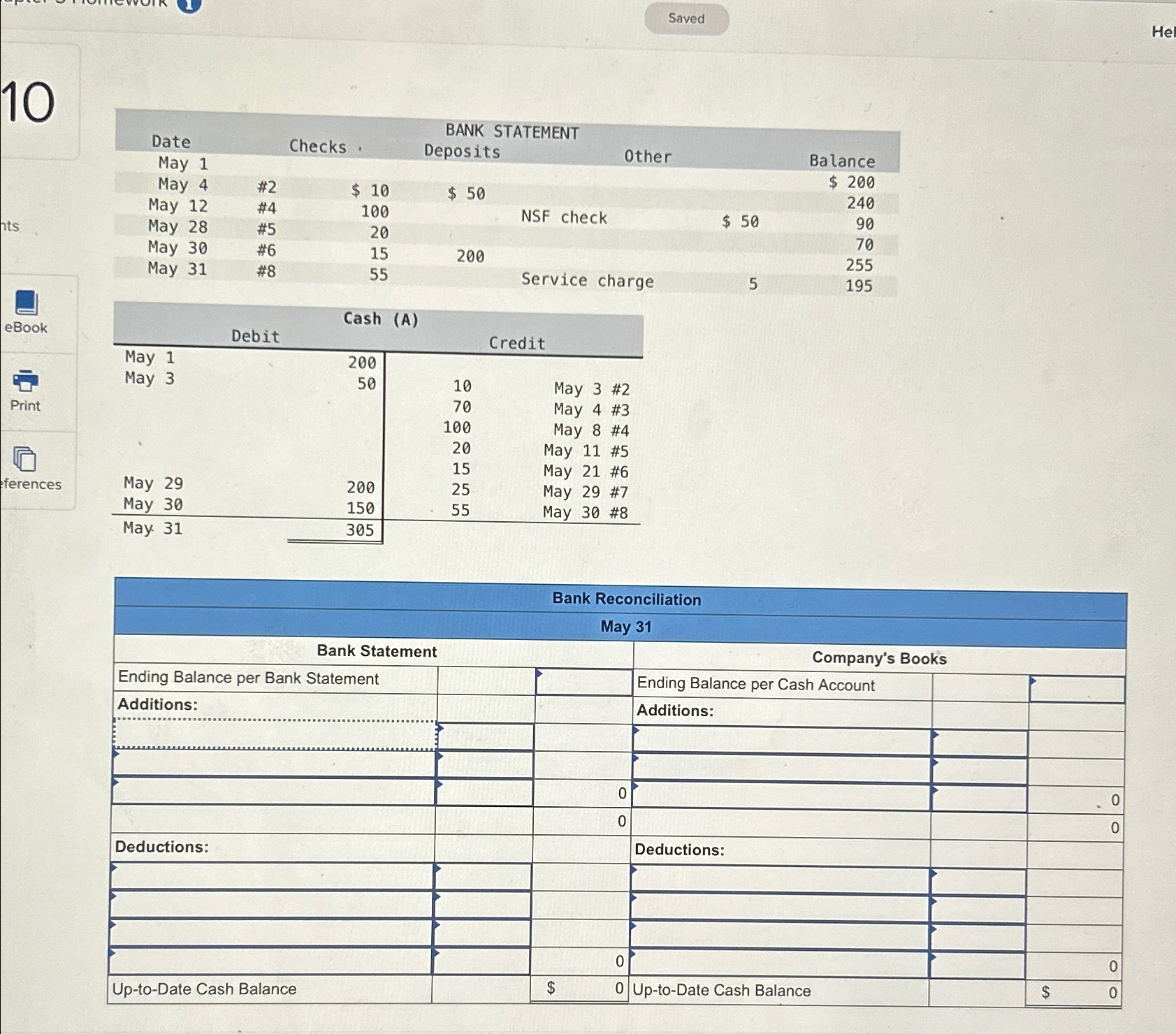 Solved 10\table[[Bank Reconciliation],[May 31],[Bank | Chegg.com