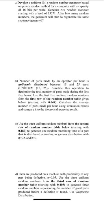 Solved a) Develop a uniform (0,1) random number generator | Chegg.com