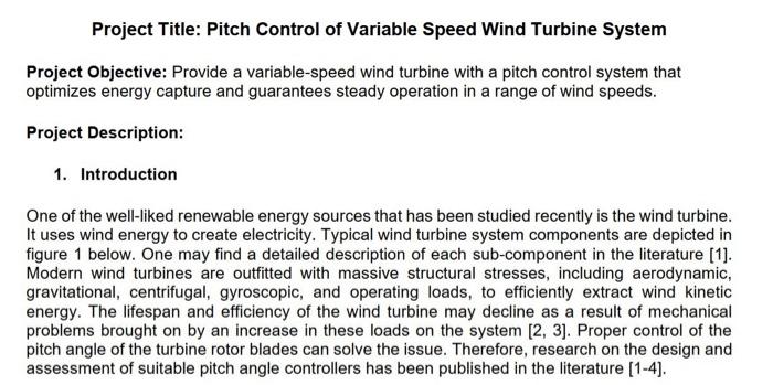 Solved Project Title: Pitch Control of Variable Speed Wind | Chegg.com