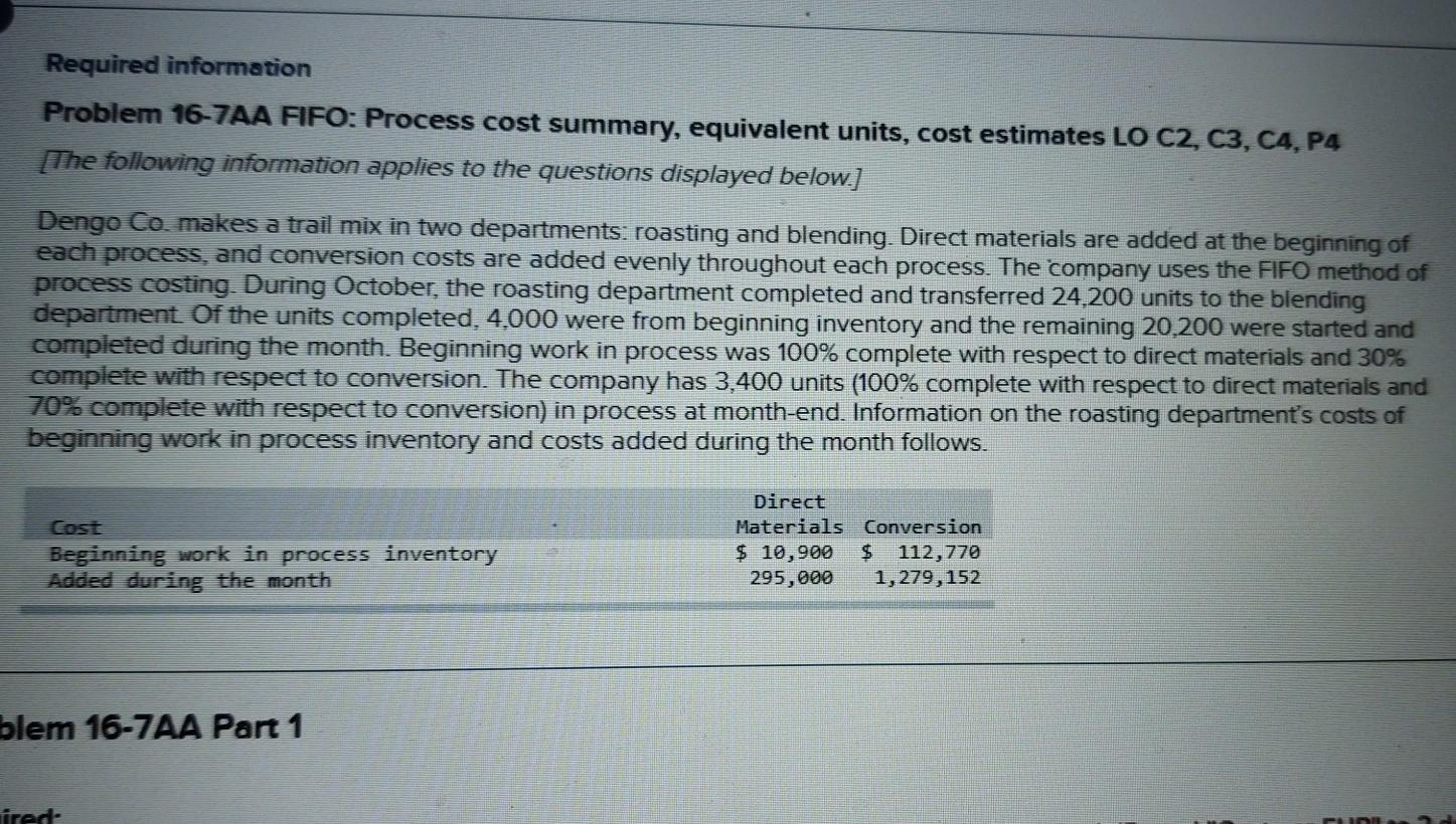 Solved Required information Problem 16-7AA FIFO: Process | Chegg.com Solved Required information Problem 16-7AA FIFO: Process | Chegg.com