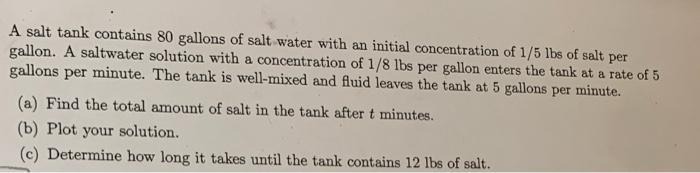 Solved A salt tank contains 80 gallons of salt water with an | Chegg.com