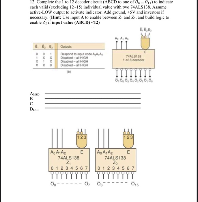 Solved 12. Complete the 1 to 12 decoder circuit (ABCD to one | Chegg.com