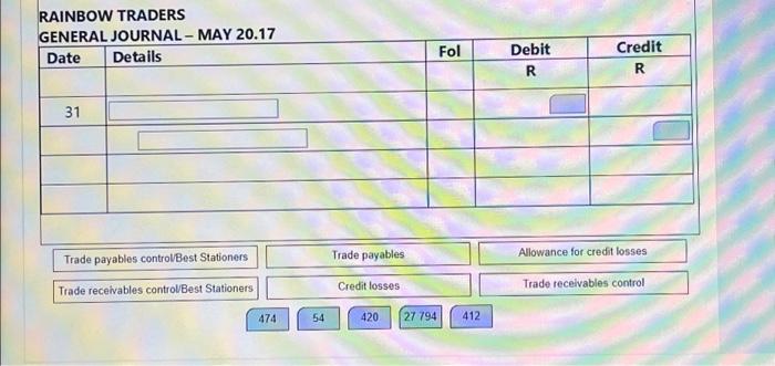 Solved RAINBOW TRADERS GENERAL JOURNAL - MAY 20.17 Date | Chegg.com