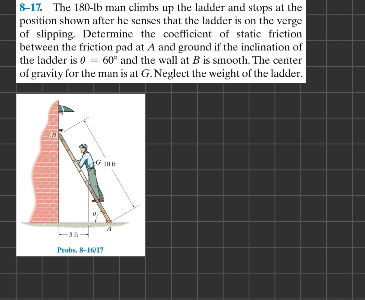 Solved 8-17. ﻿The 180 -lb man climbs up the ladder and stops | Chegg.com
