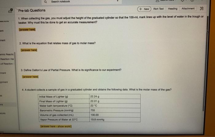 Solved Pre-Lab Questions for molar mass of a gas Lab | Chegg.com