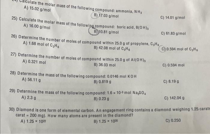 Solved A) 15.02 g/mol 25) Calculate the m C) 14.01 g/mol A) | Chegg.com