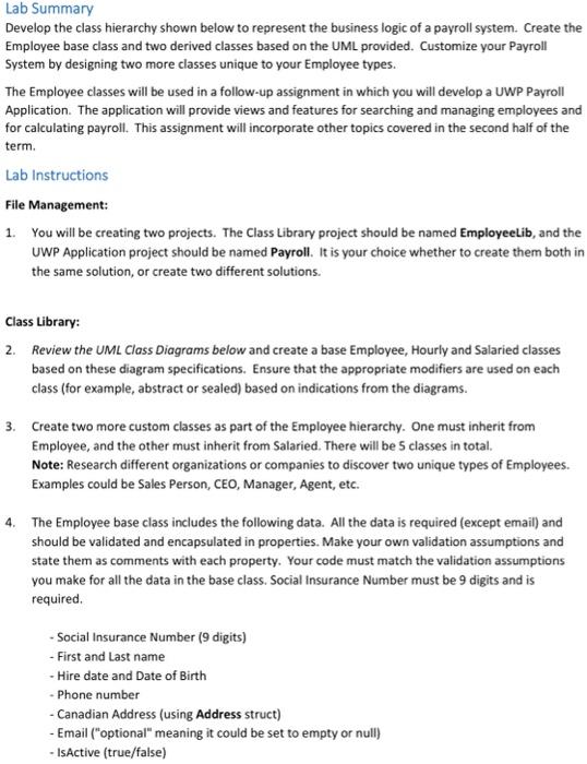 Lab Summary Develop the class hierarchy shown below | Chegg.com