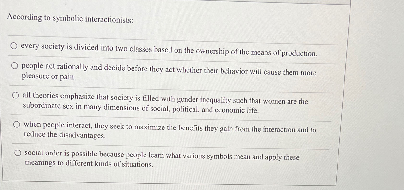 Solved According to symbolic interactionists:every society | Chegg.com