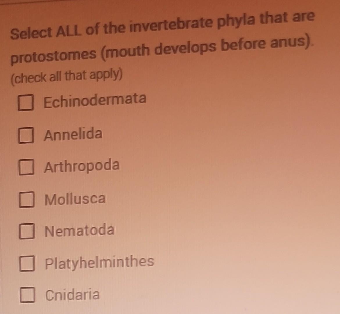 Solved Select ALL of the invertebrate phyla that are | Chegg.com